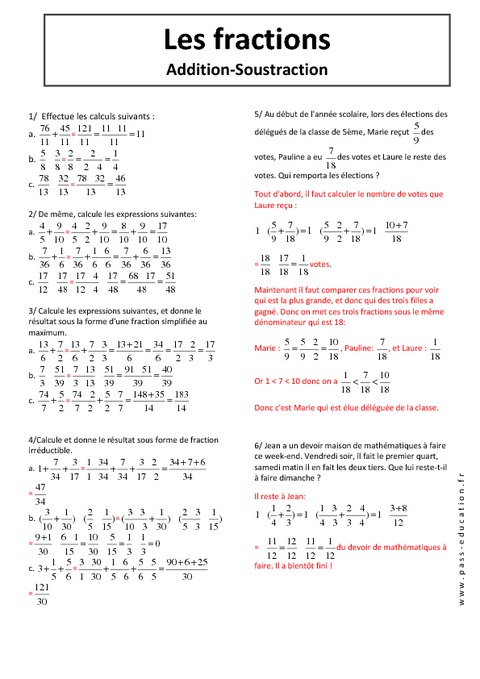 Additions - Opérations sur les fractions - 5ème - Exercices corrigés ...