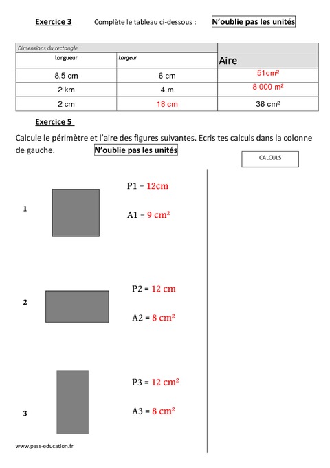 Aire - Périmètre – Cm1– Cm2 – Evaluation - Pass Education