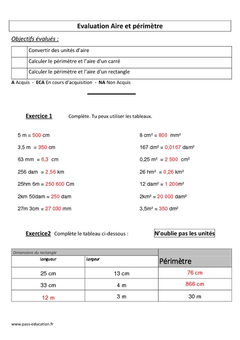 Aire - Périmètre – Cm1– Cm2 – Evaluation - Pass Education