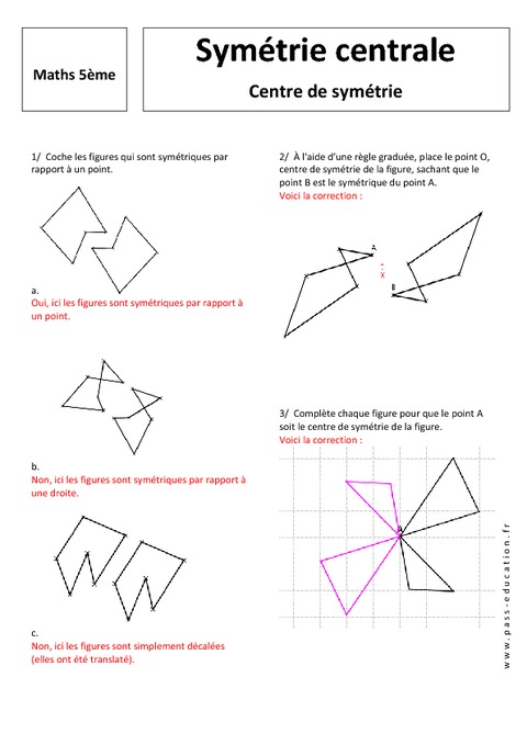 Centre de symétrie - Symétrie centrale – 5ème – Exercices corrigés ...
