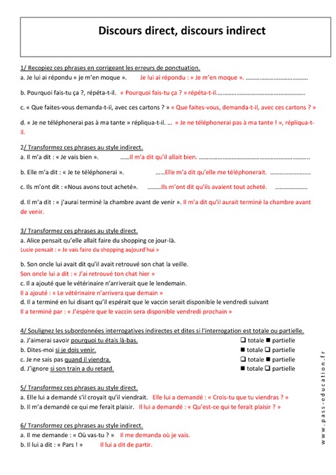 Discours direct - Discours indirect – 5ème - Exercices corrigés ... Discours direct - Discours indirect – 5ème - Exercices corrigés ...