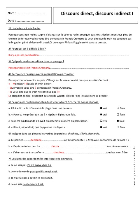 Discours direct - Discours indirect – Exercices corrigés – 5ème ... Discours direct - Discours indirect – Exercices corrigés – 5ème ...