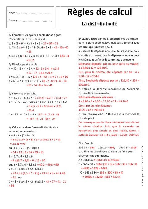 Distributivité - Règles de calcul - Exercices corrigés - 5ème - Pass ... Distributivité - Règles de calcul - Exercices corrigés - 5ème - Pass ...