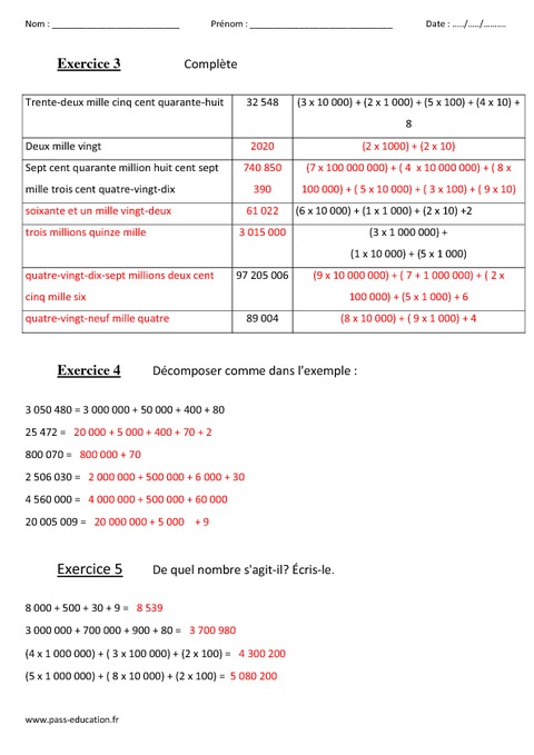 Grands nombres – Cm1– Cm2 – Evaluation - Pass Education