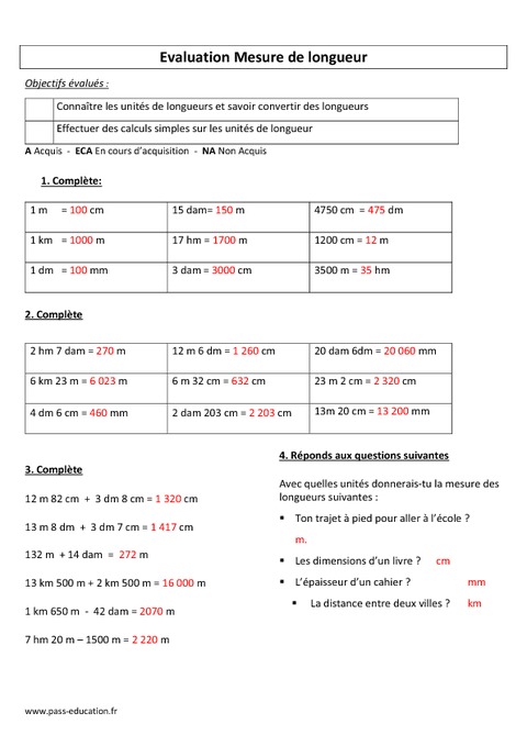Longueur – Cm1 – Cm2 – Evaluation - Pass Education