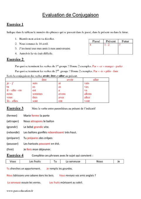 Présent – Groupes des verbes – Ce2 – Evaluation - Pass Education