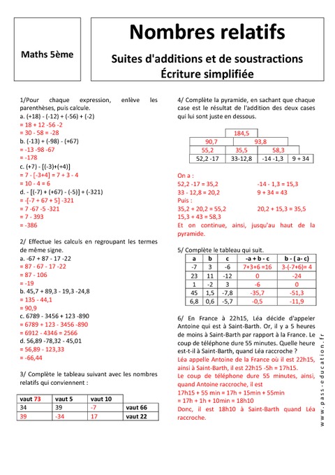 Suites d'additions et de soustractions - Nombres relatifs - Exercices ...