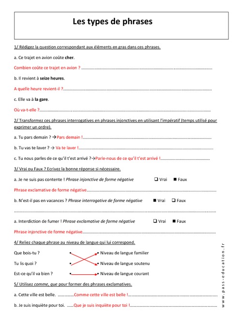 Types de phrases - 5ème - Exercices corrigés - Grammaire - Français ...