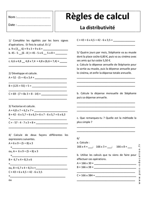 Distributivité - Règles de calcul - Exercices corrigés - 5ème - Pass ... Distributivité - Règles de calcul - Exercices corrigés - 5ème - Pass ...