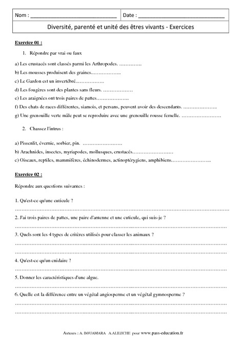Diversité, parenté et unité des êtres vivants – 6ème – Exercices ...