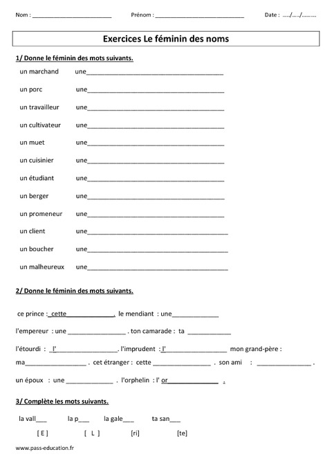 Féminin des noms – Ce2 - Exercices avec correction - Pass Education