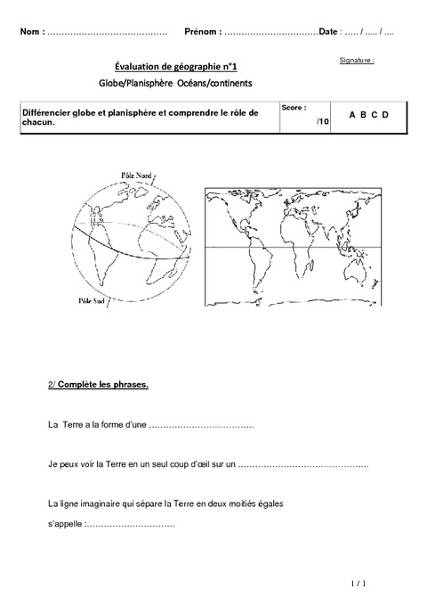 Globe - Planisphère - Océans - Continents - Evaluation - Ce2 - Pass ...