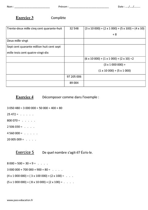 Grands nombres – Cm1– Cm2 – Evaluation - Pass Education