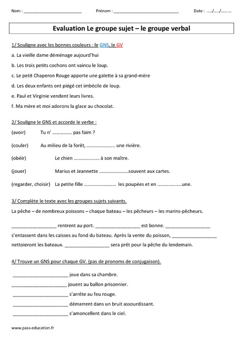 Groupe sujet – Groupe verbal – Ce2 – Evaluation - Pass Education