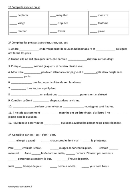 Homonymes grammaticaux : C’est, s’est, ses, ces, ce, se – Cm2 ...