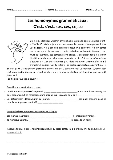 Homonymes grammaticaux : C’est, s’est, ses, ces, ce, se – Cm2 ...