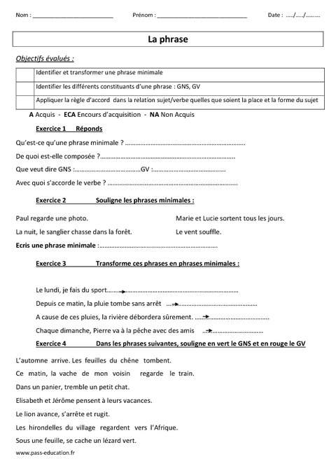 Phrase – Evaluation – Ce2 - Grammaire – Cycle 3 - Pass Education