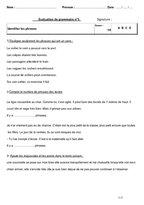 Phrase - Ponctuation - Evaluation – Ce2 - Pass Education