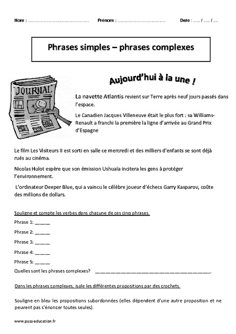 Phrases simples - Phrases complexes - Cm2 - Exercices corrigés ...