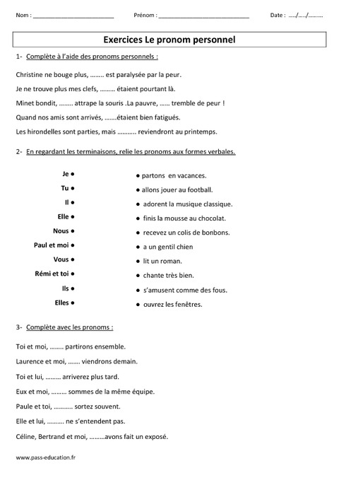 Pronom personnel – Ce2 – Exercices corrigés - Pass Education
