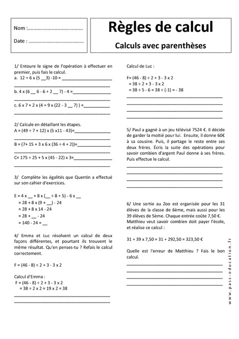 Règles de calcul avec parenthèses - 5ème - Exercices corrigés - Pass ... Règles de calcul avec parenthèses - 5ème - Exercices corrigés - Pass ...
