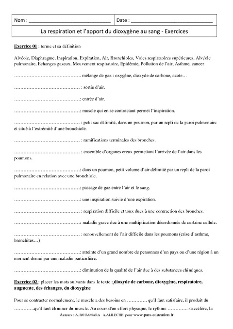 Respiration - Apport du dioxygène au sang – 5ème – Exercices corrigés ... Respiration - Apport du dioxygène au sang – 5ème – Exercices corrigés ...