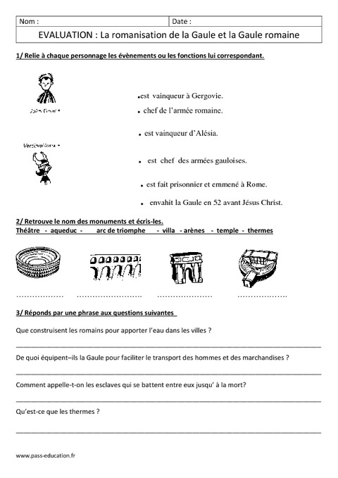 Romanisation de la Gaule - Ce2 - Evaluation - Gaule romaine - Pass ...