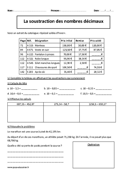 Soustraction de nombres décimaux – Cm2 – Exercices corrigés – Calcul ...
