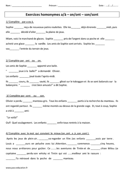 a - à – on - ont – son - sont - Ce2 – Exercices - Homonymes - Pass ...