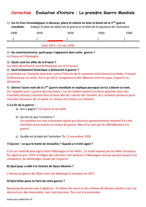 Première Guerre Mondiale – Cm2 - Evaluation - Pass Education
