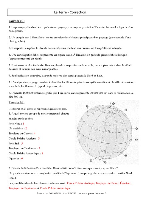 Terre - Exercices corrigés - 6ème - Géographie - Pass Education