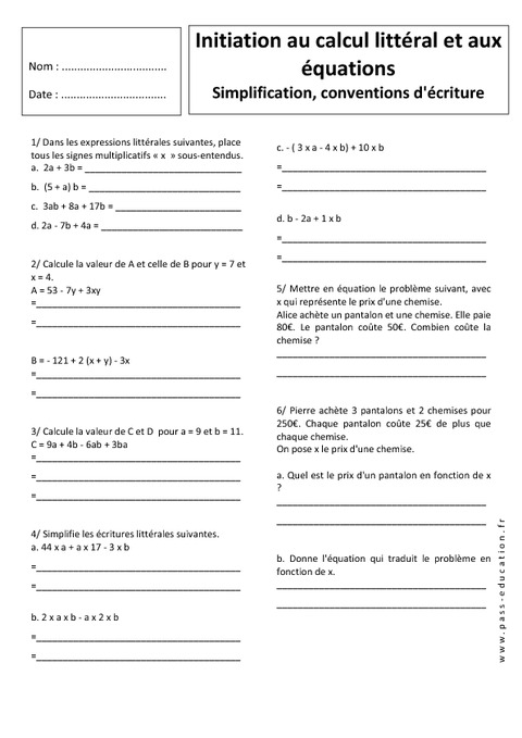 Simplification - Calcul littéral - Equations - 5ème - Exercices corrigés - Pass Education