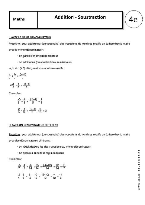 Addition - Soustraction - 4ème - Cours - Nombres relatifs en écriture ...