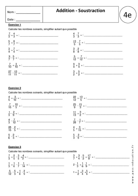 Addition - Soustraction - 4ème - Exercices corrigés - Nombres relatifs en écriture fractionnaire ...