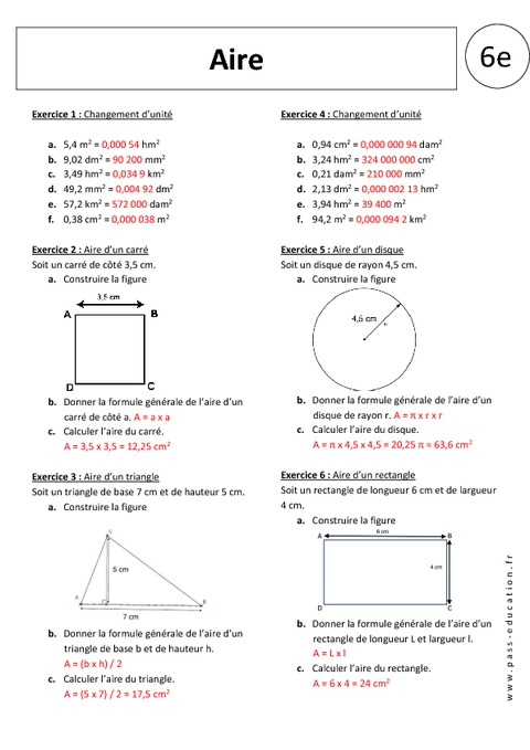 Aires - 6ème - Exercices corrigés - Pass Education