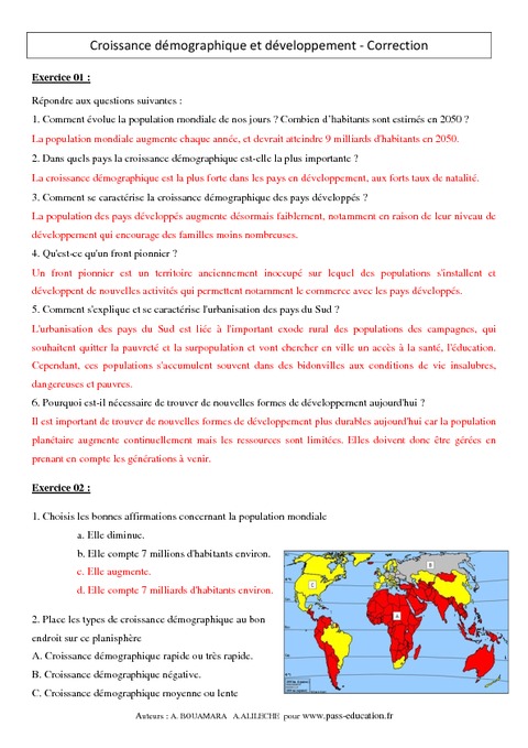 Croissance démographique et développement – Exercices corrigés – 5ème ...