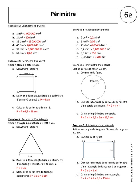 Périmètre – Exercices corrigés – 6ème – Grandeurs et Mesures – Collège ...