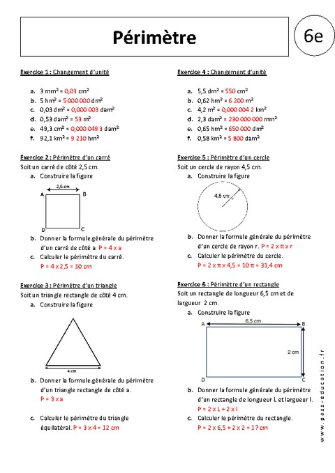 Périmètres – 6ème - Exercices corrigés - Pass Education