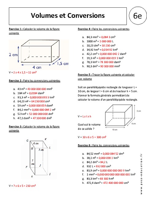 Volumes et conversions – Exercices corrigés – 6ème – Grandeurs et ...