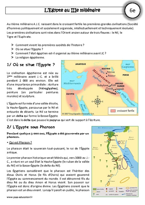 Egypte au IIIe millénaire - 6ème - Cours - Orient Ancien - Histoire - Pass Education