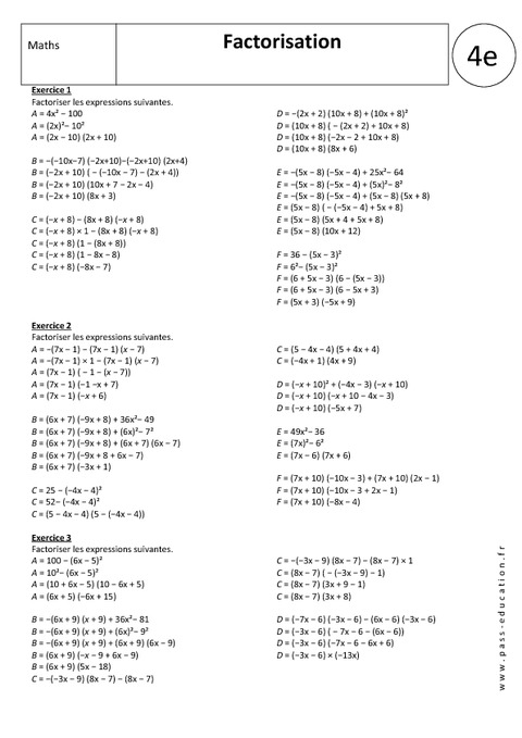 Utiliser la factorisation – Exercices corrigés – 4ème - Calcul littéral - Pass Education