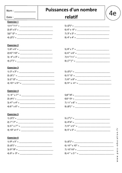 Puissances d'un nombre relatif – 4ème - Exercices corrigés - Pass Education Puissances d'un nombre relatif – 4ème - Exercices corrigés - Pass Education