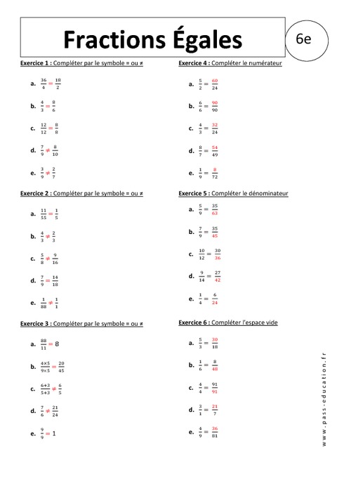 Fractions égales – Exercices corrigés – 6ème - Ecritures fractionnaires ...