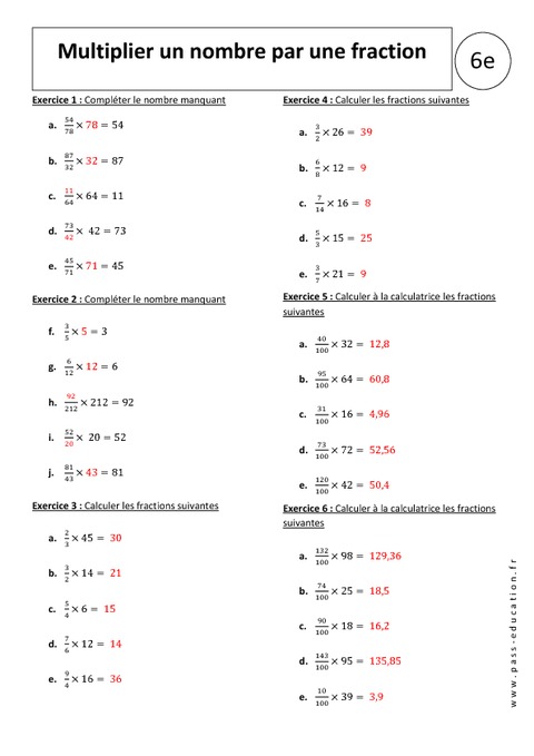Multiplier un nombre par une fraction – 6ème – Exercices corrigés ...