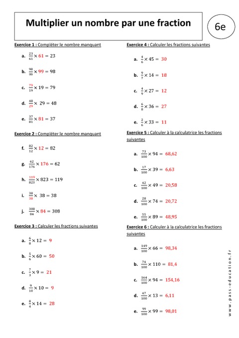 Multiplier un nombre par une fraction – Exercices corrigés – 6ème ...