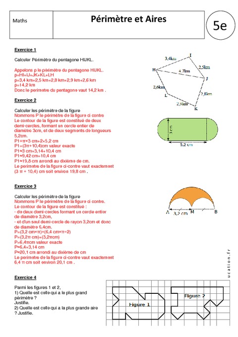 Périmètres - Aires - Calculs - 5ème - Exercices corrigés - Pass Education