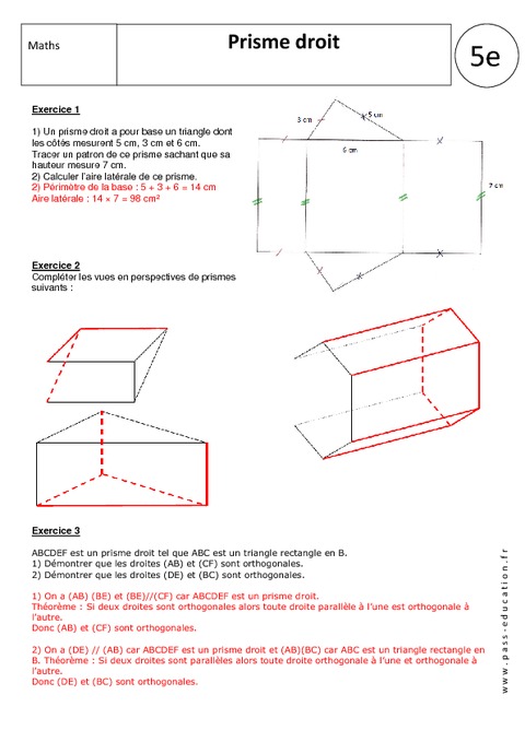 Prisme droit – Exercices corrigés - 5ème - Pass Education