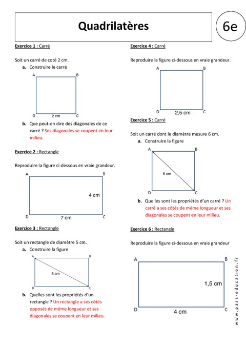 Quadrilatères - 6ème - Exercices corrigés - Carré - Rectangle - Pass ...