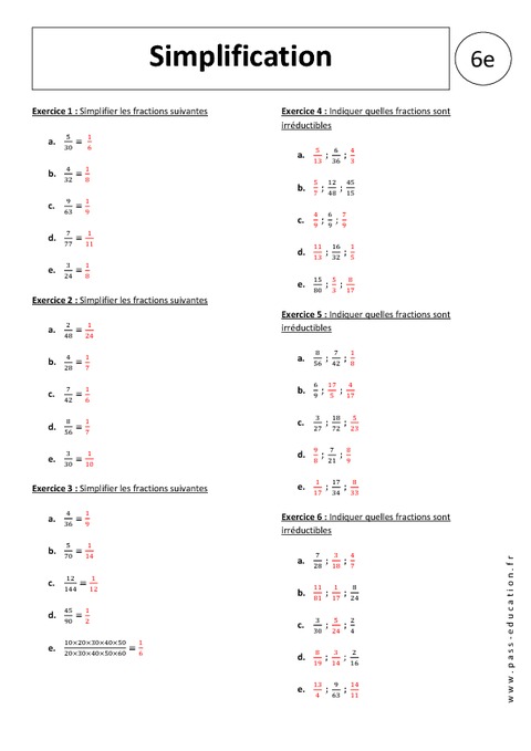 Simplification – Exercices corrigés – 6ème - Ecritures fractionnaires ...