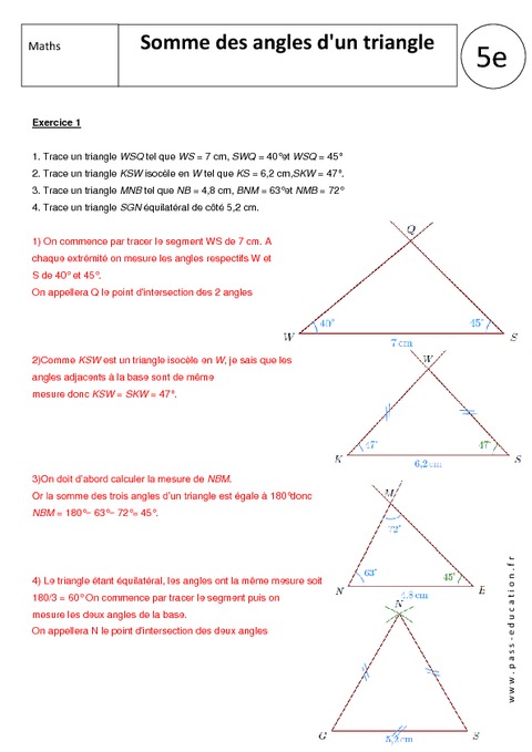Somme des angles d'un triangle - Exercices corrigés - 5ème - Pass Education